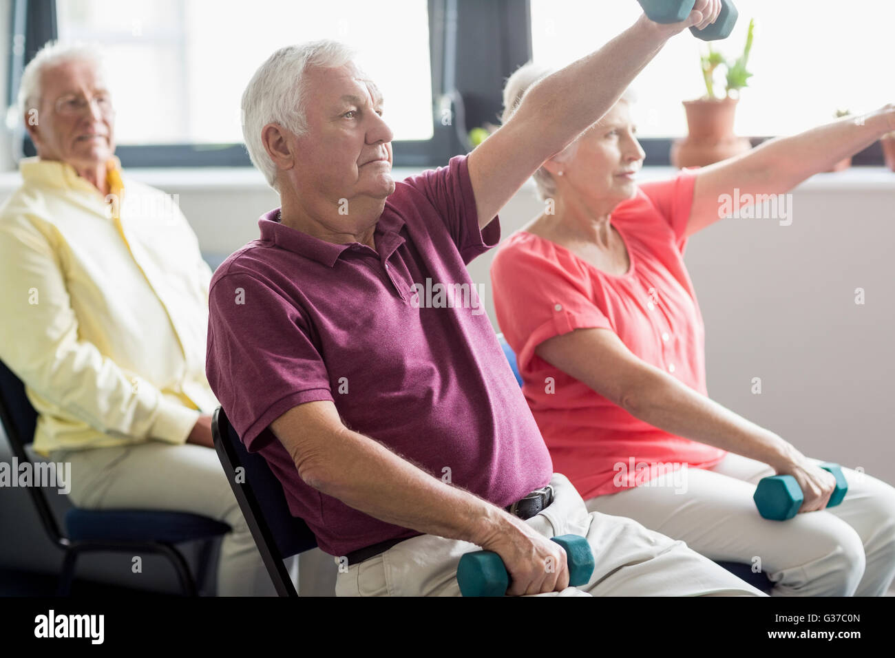 Seniors using weights Stock Photo - Alamy