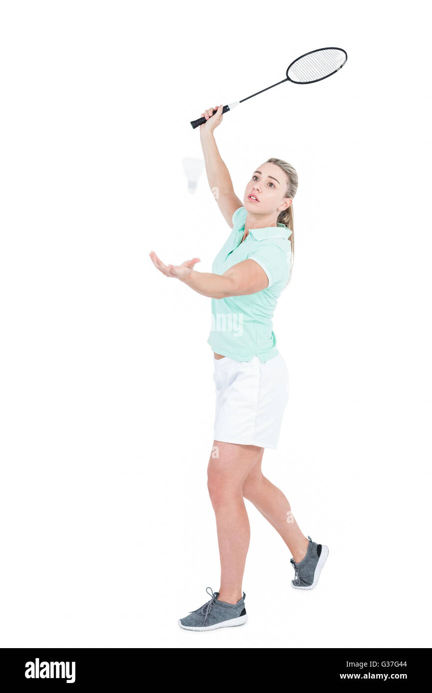 Pretty blonde playing badminton Stock Photo - Alamy