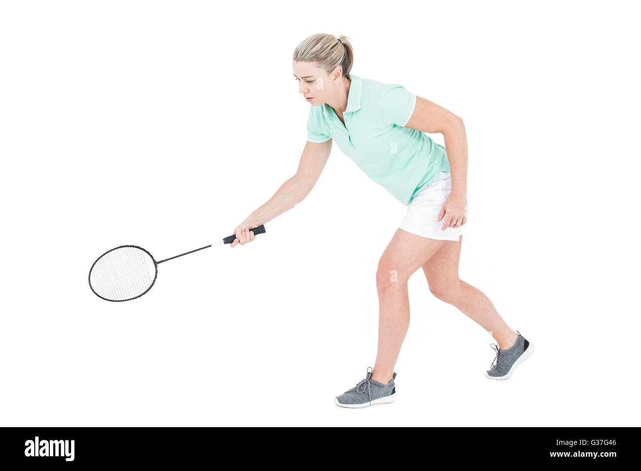 Pretty blonde playing badminton Stock Photo - Alamy