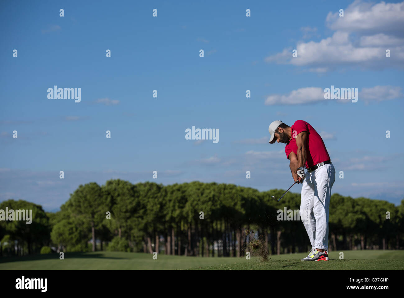 golf player hitting shot with driver on course at beautiful sunny day ...