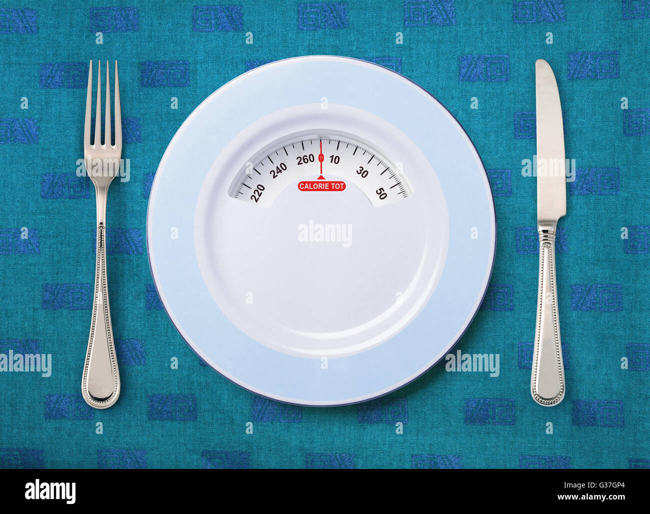 tableware and plate with weighing scale on the table Stock Photo - Alamy