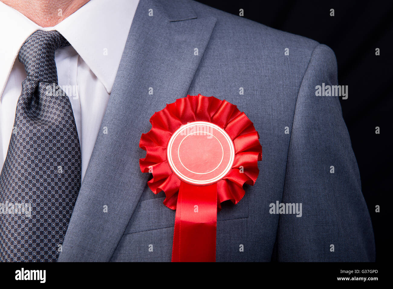 Head and shoulders view, of election candidate wearing a red rosette ...