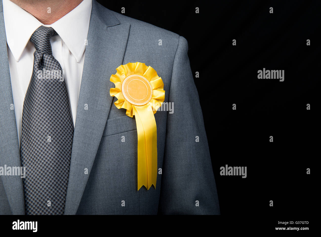 Head and shoulders view, of election candidate wearing a yellow rosette ...