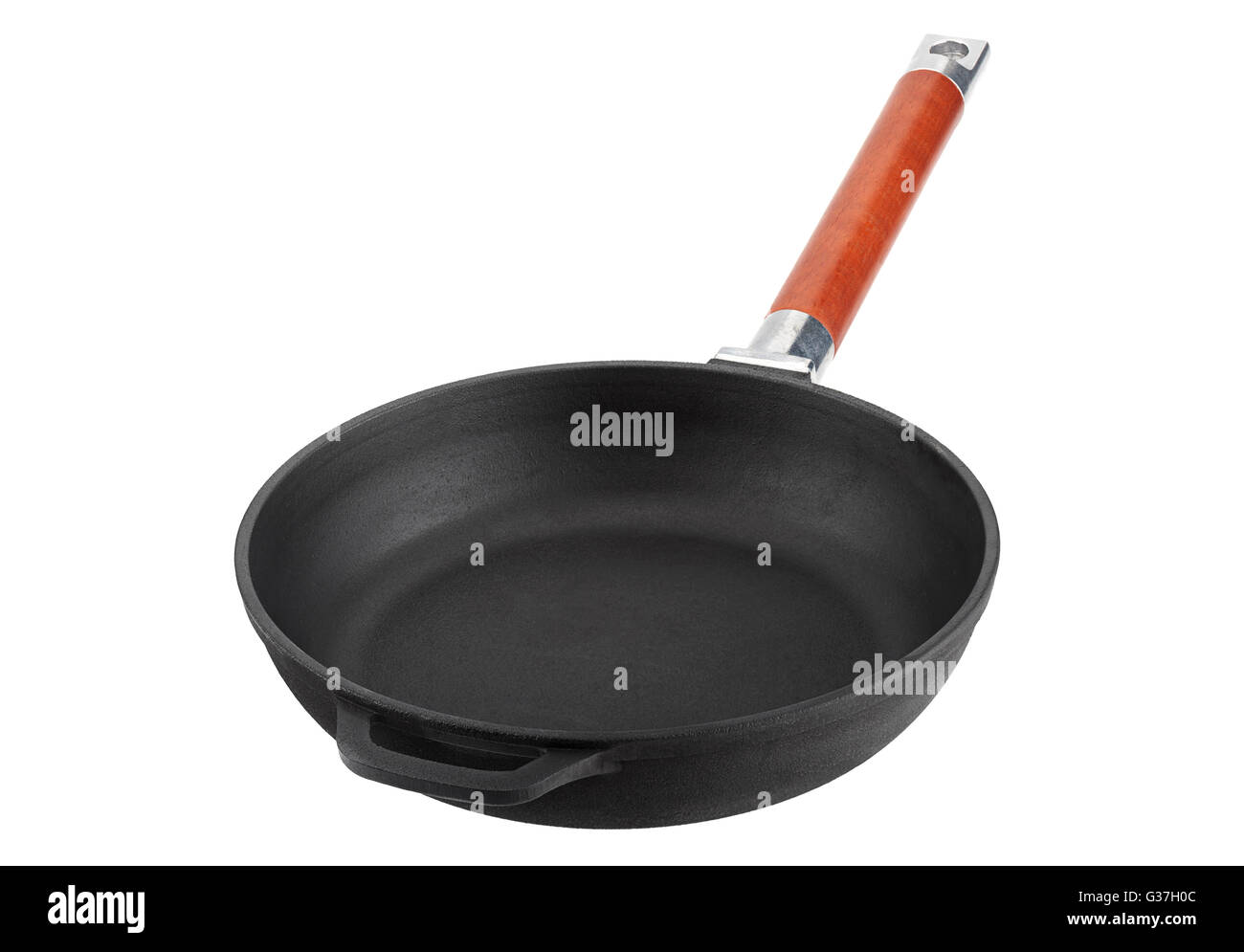 Cast iron pan with wooden handle isolated on white Stock Photo - Alamy