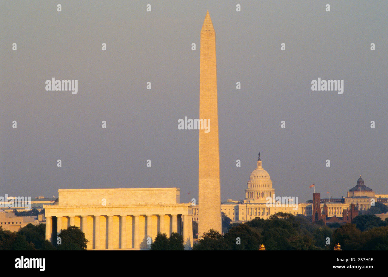 View of the Washington Memorial, Lincoln Memorial, and Capitol Building ...