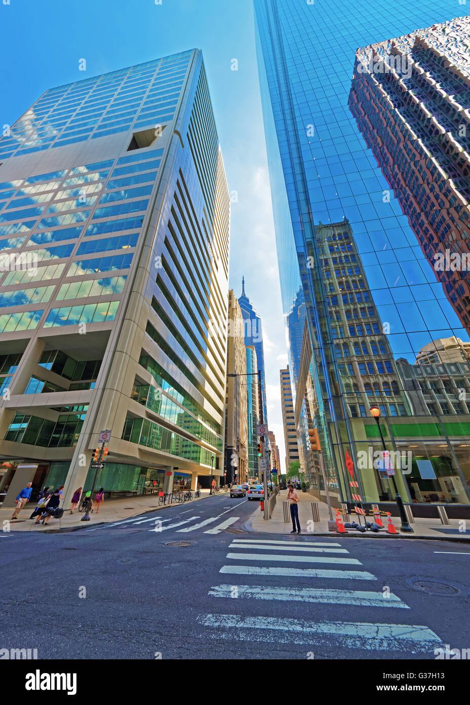 Arch Street view with skyscrapers reflected in glass in the City Center ...