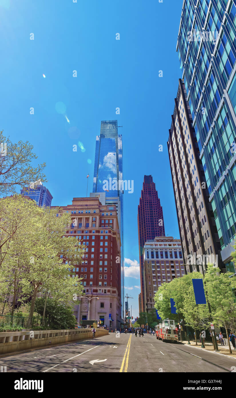 Street view on Penn Center and skyline with skyscrapers of Philadelphia ...