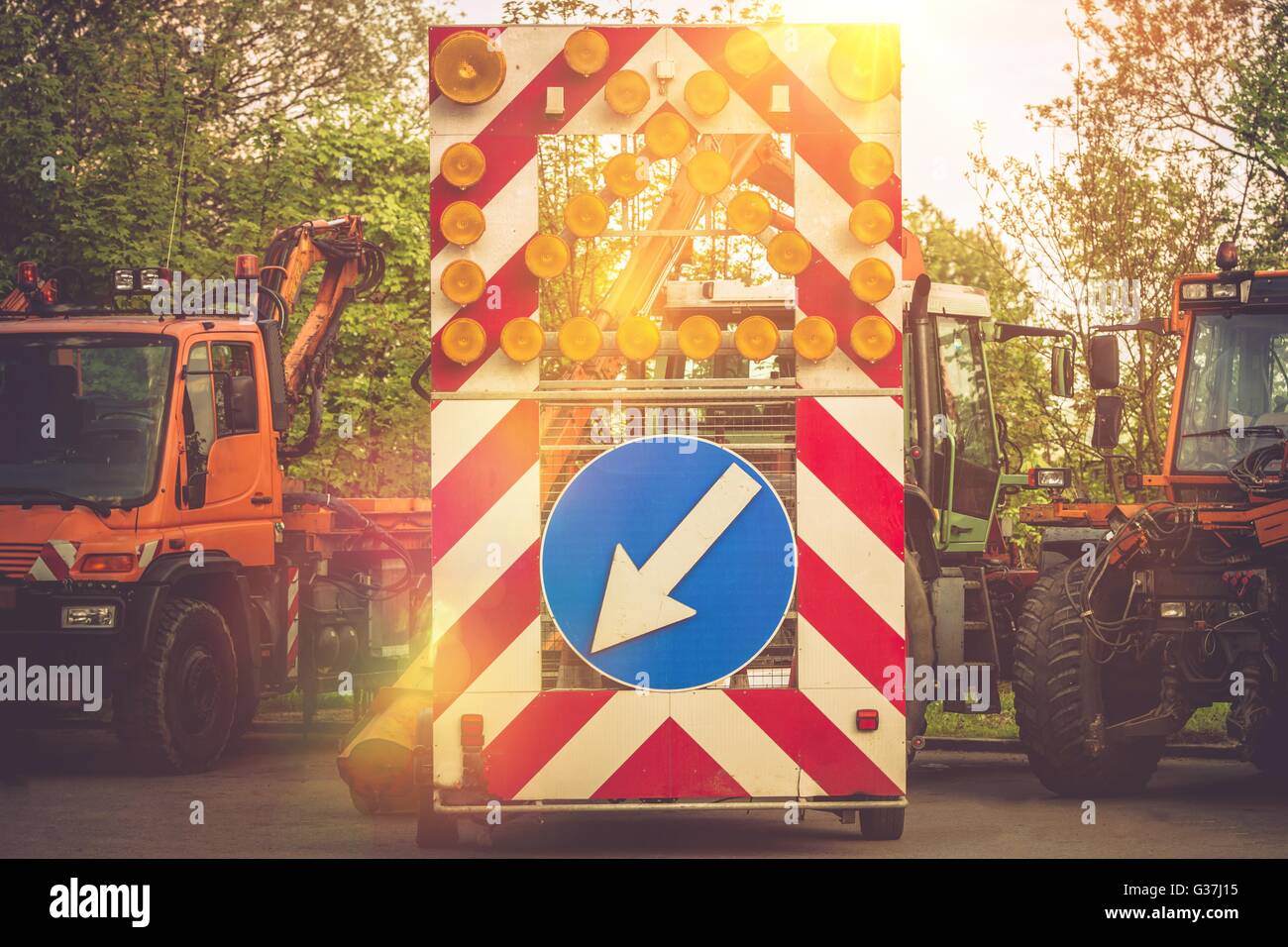Road Construction Equipment Ready To Use. Construction Safety Signs and ...