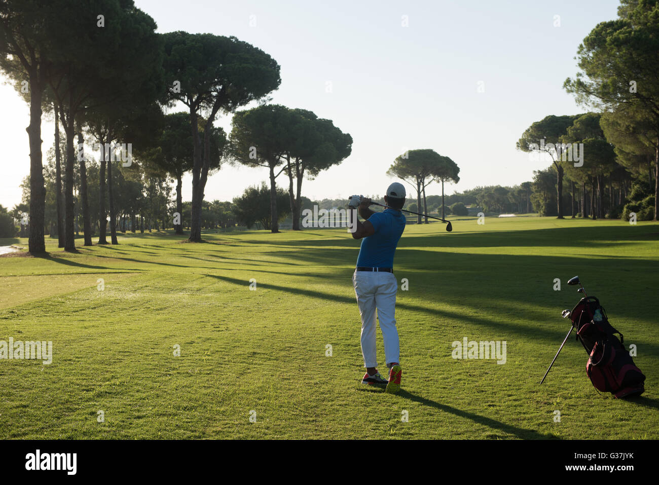 handsome sporty man, golf player hitting shot with club on course at ...
