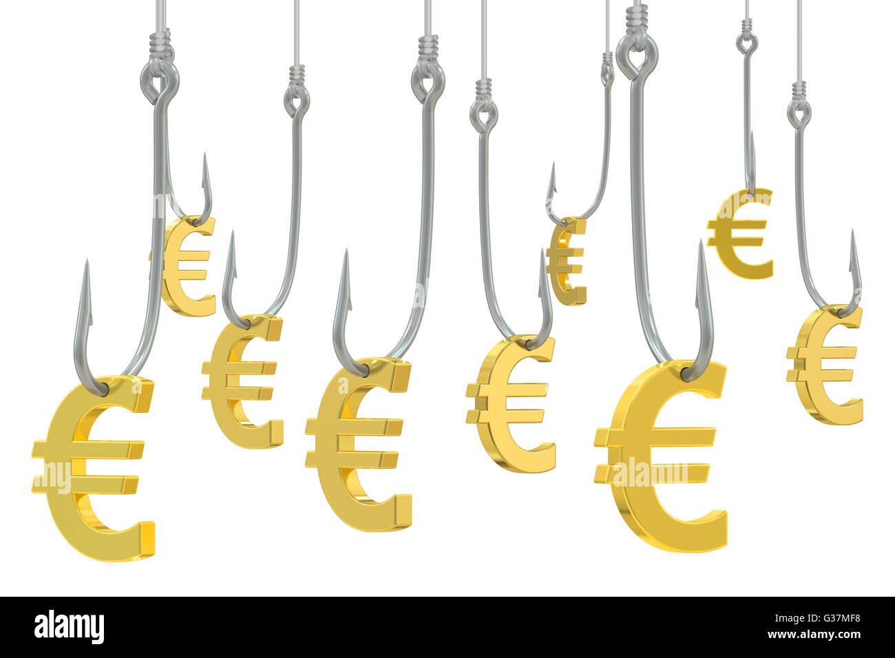 fishing hooks with symbol of euro, 3D rendering isolated on white ...
