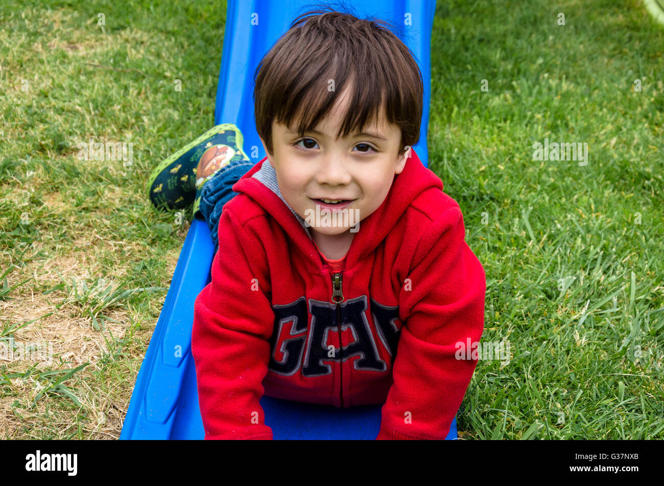 A portrait of a young boy who has just slid head first down a garden ...