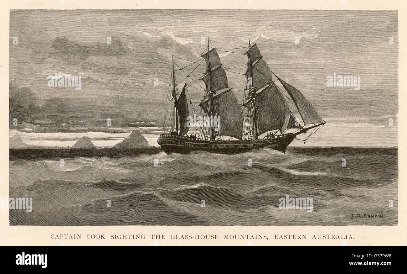 Cook in the Endeavour sights the Glass-House mountains off the coast of ...