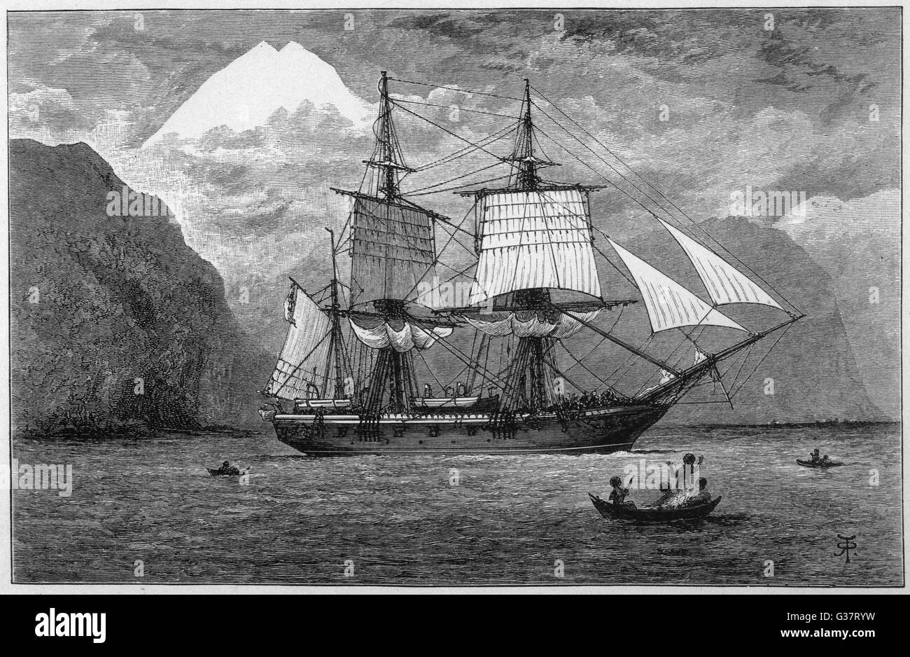 HMS 'Beagle', the ship in which Charles Darwin sailed, in the Straits ...