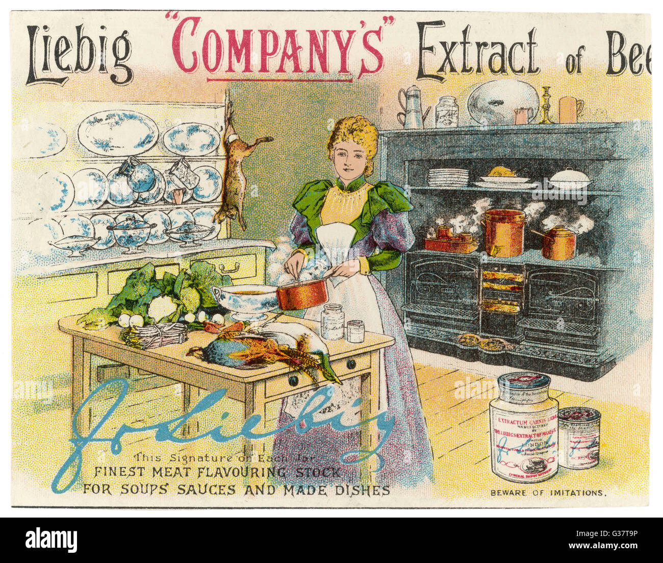 Cook in a family kitchen - Liebig's Extract of Beef advert Stock Photo ...