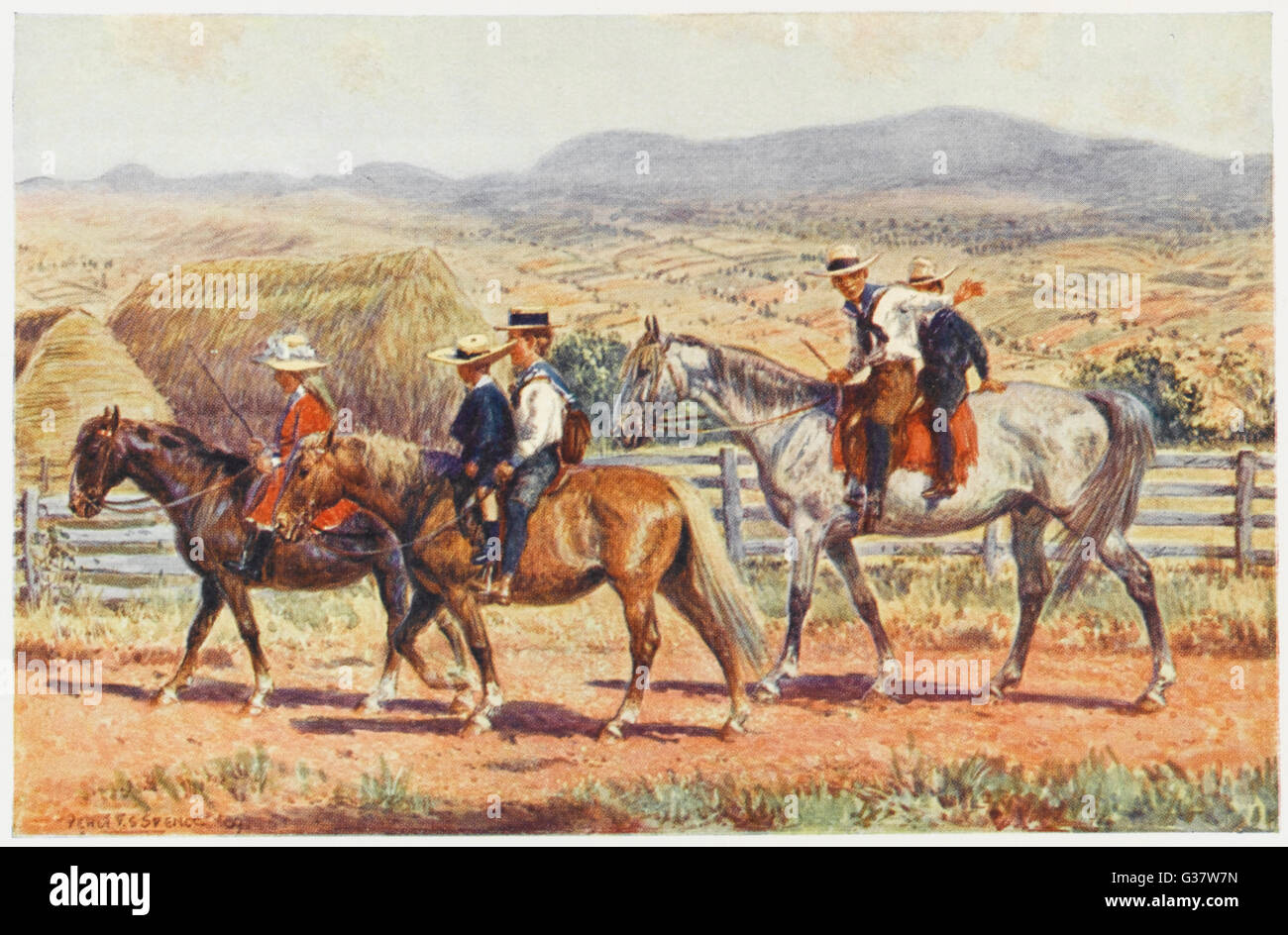 Australian country children riding to school on horseback hi-res stock ...