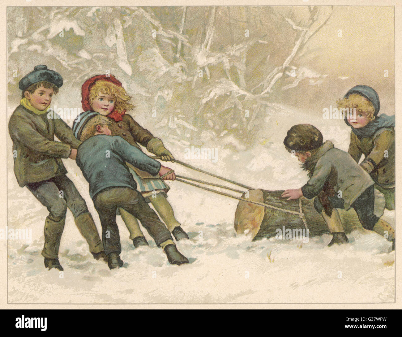 Five children fetch home a very big Yule Log Date: 1892 Stock Photo - Alamy