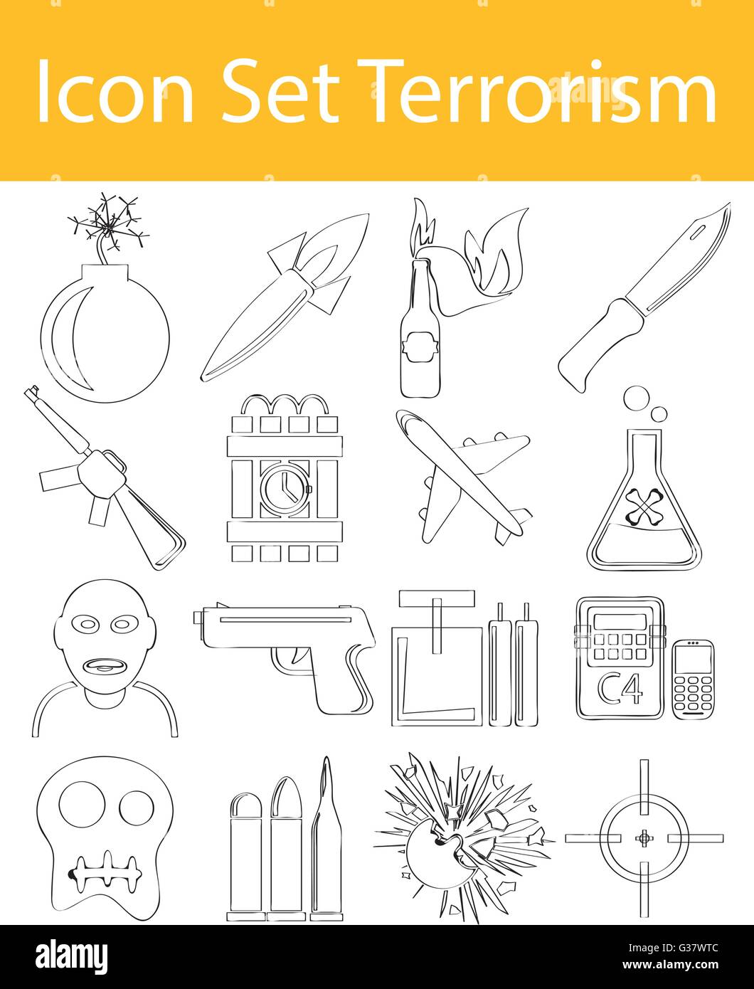 Drawn Doodle Lined Icon Set Terrorism with 16 icons for the creative ...