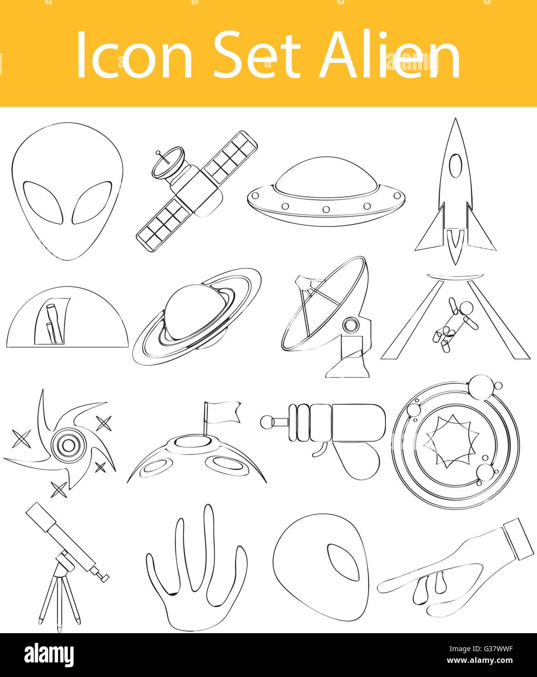 Drawn Doodle Lined Icon Set Aliens with 16 icons for the creative use ...