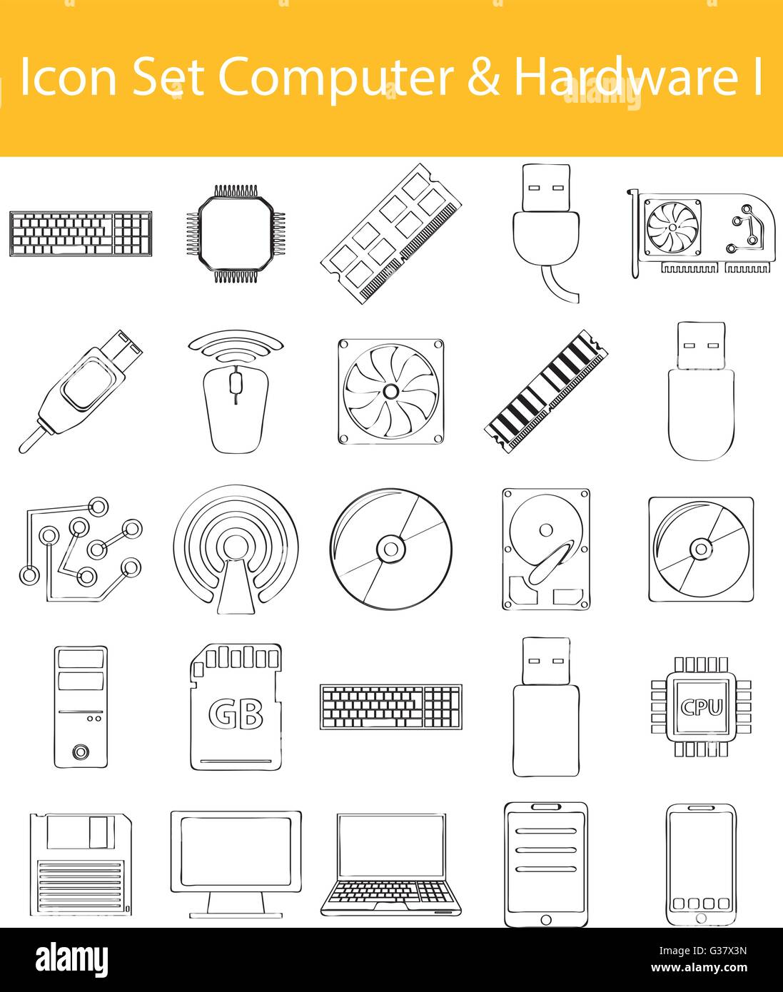 Drawn Doodle Lined Icon Set Computer Hardware I with 25 icons for the ...