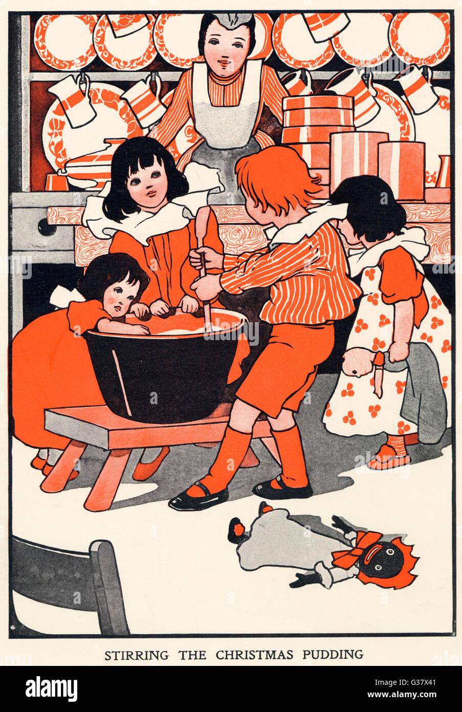 Cook watches while the children stir the pudding Date: 1913 Stock Photo ...