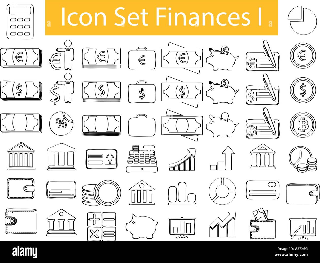 Drawn Doodle Lined Icon Set Finances I with 50 icons for the creative ...