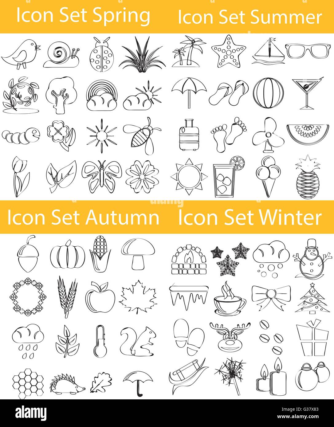 Drawn Doodle Lined Icon Set Four Seasons with 64 icons for the creative ...