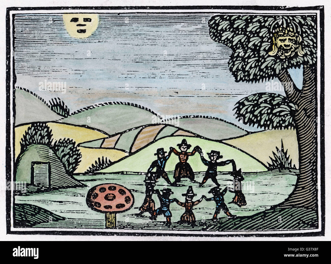 A group of fairies dancing in a ring close to the doorway of their ...