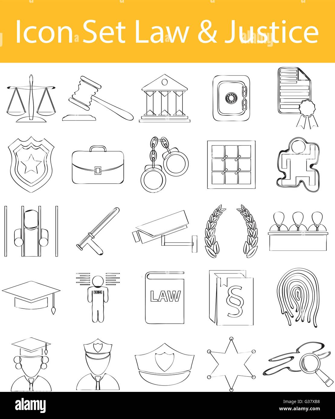 Drawn Doodle Lined Icon Set Law And Justice With 25 Icons For The Creative Use In Graphic Design
