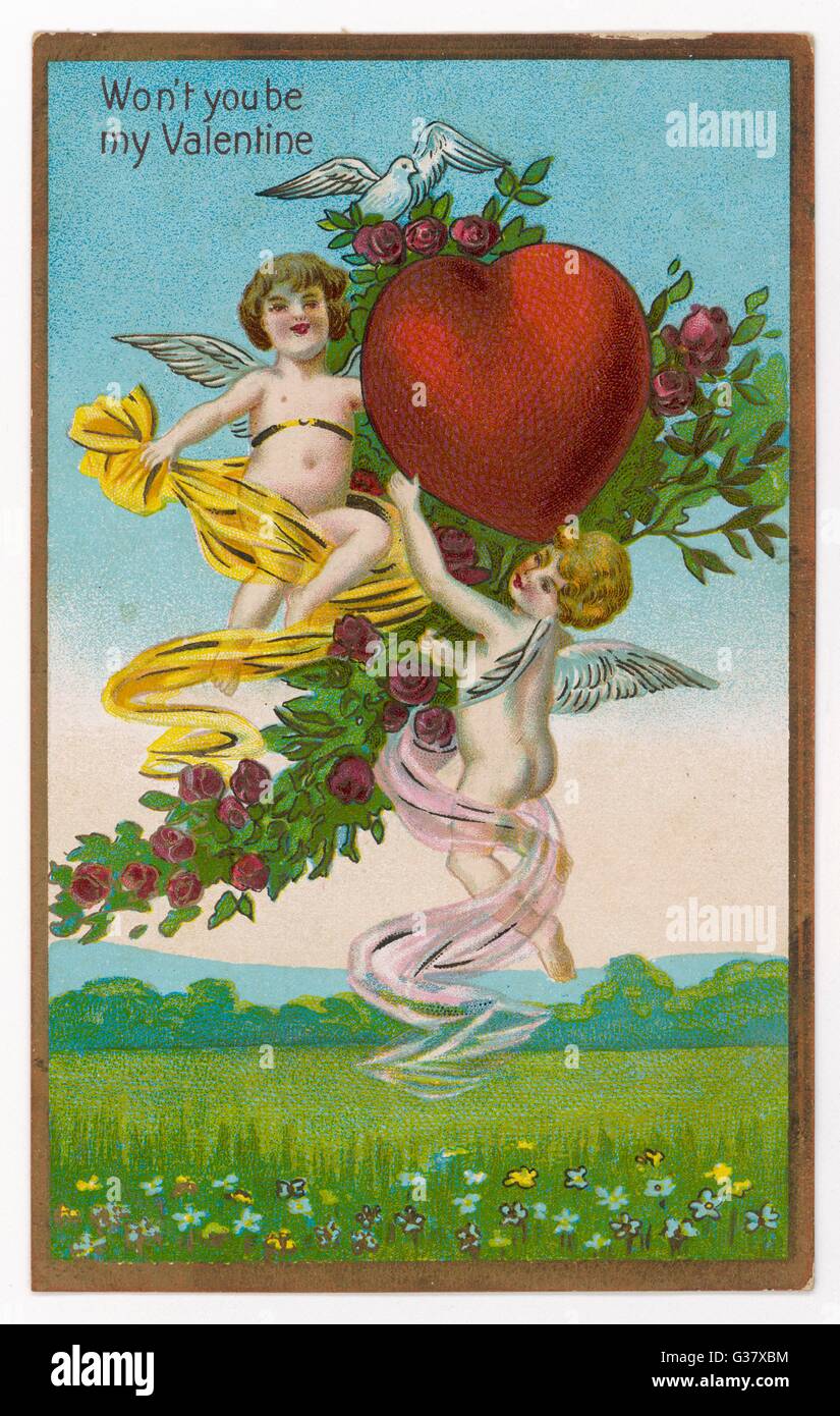 Two cupids come flying over the meadows carrying a decorated heart Date ...