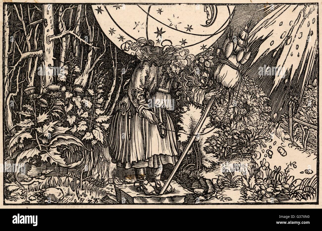 Witch uses distaff summon up a storm, 1537 Stock Photo - Alamy