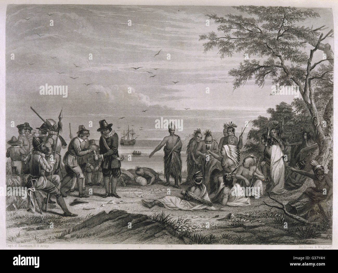 Pilgrim Fathers visited by Native Americans Stock Photo - Alamy