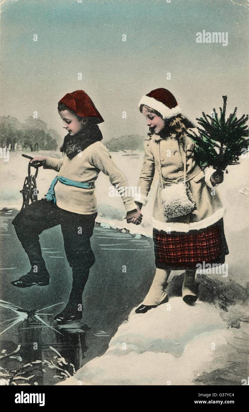 Trying the ice: children assessing the thickness of the ice Stock Photo ...