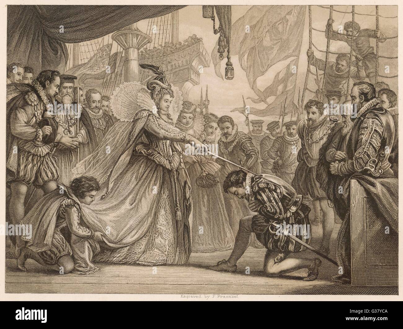 Queen Elizabeth I knights Francis Drake on his ship, 'Golden Hind ...