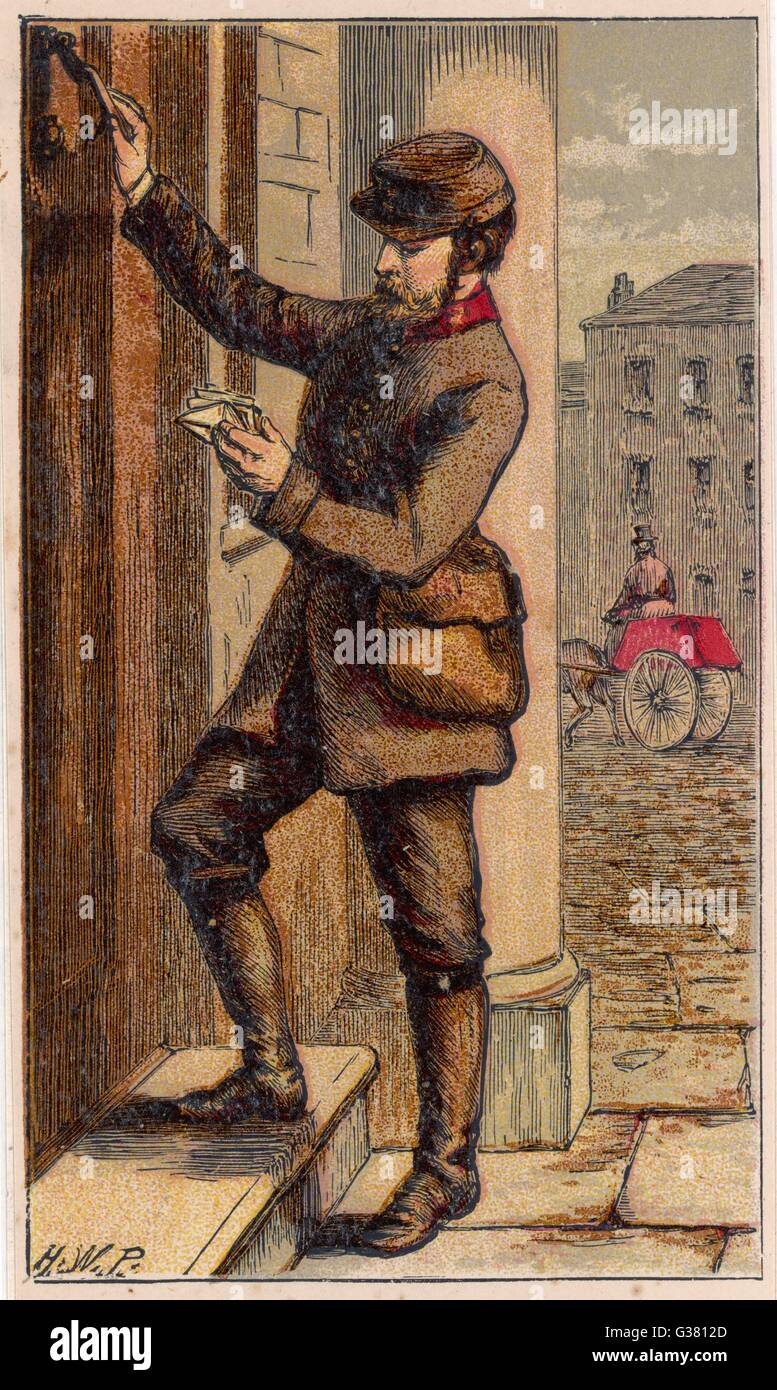 A London postman knocks at a door Date: circa 1880 Stock Photo - Alamy