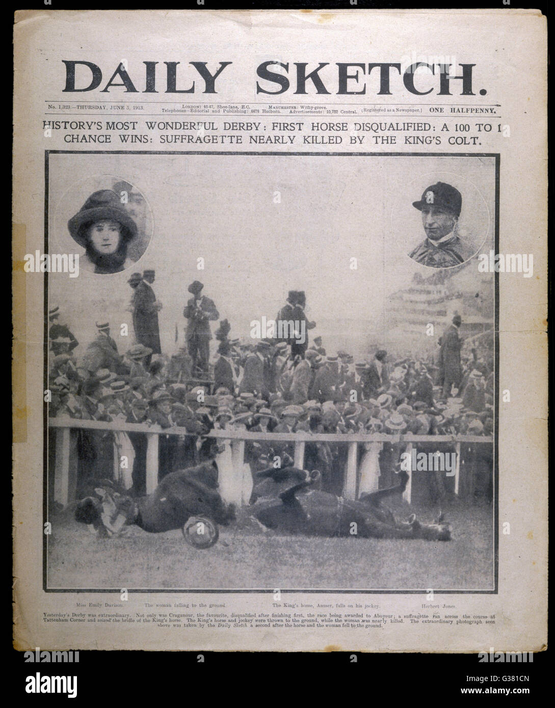 Headline showing the collision between Emily Davison and the King's ...