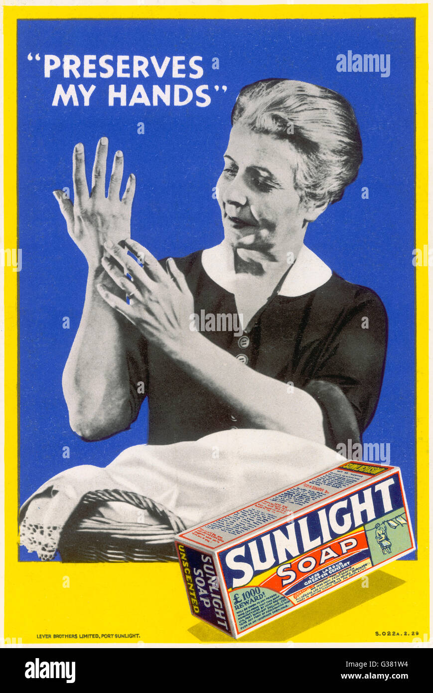 Advertisement for Sunlight soap - "preserves my hands" Date: 1929 Stock ...