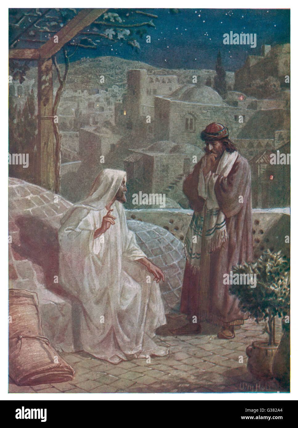 Jesus meets and talks with Nicodemus at night Stock Photo - Alamy
