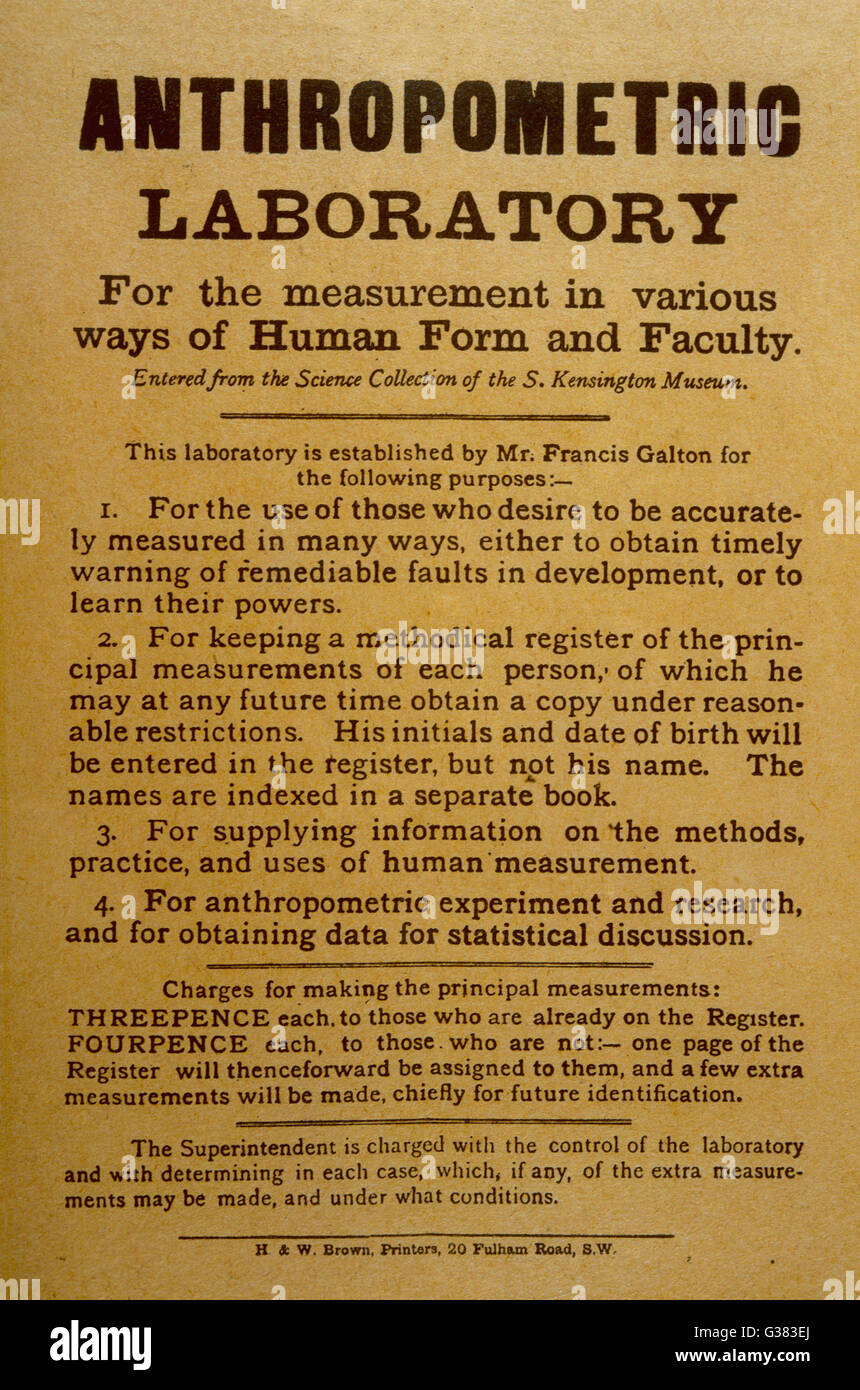 Handbill for Francis Galton's Anthropometric Laboratory Date: circa ...