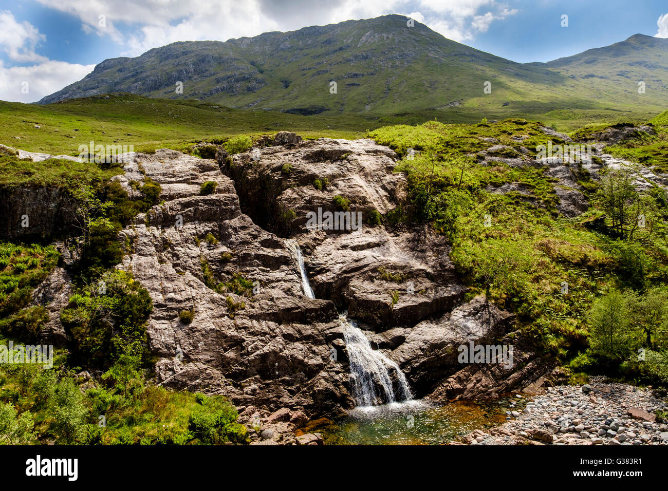 The meeting of the Three Waters waterfall in Glencoe, Highlands of ...