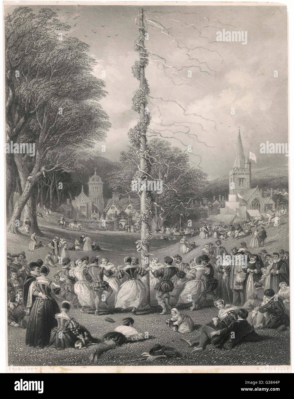 Dancing round the maypole on the village green, in Elizabethan times Date: 16th century Stock ...