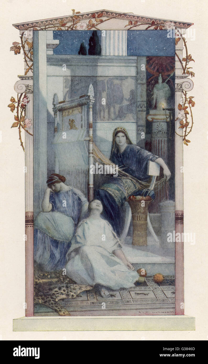 Penelope with her maids, weaving a shroud for her father-in-law. (She ...