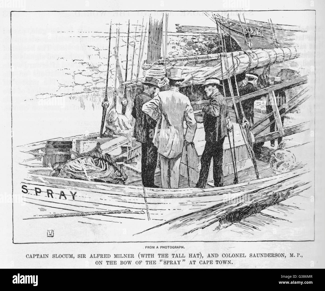 Joshua Slocum shows the 'Spray' to visitors at Cape Town, during his ...