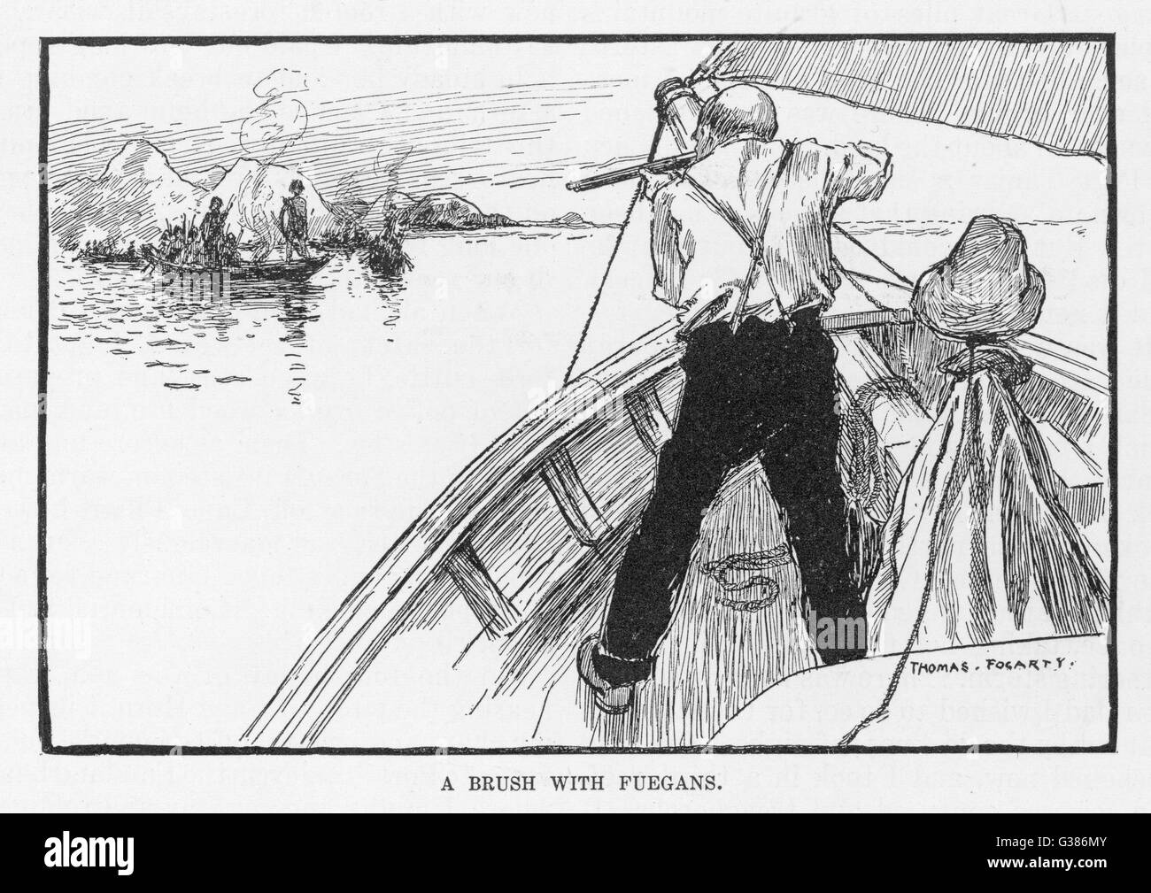 Joshua Slocum defends his boat against Fuegian pirates while rounding ...