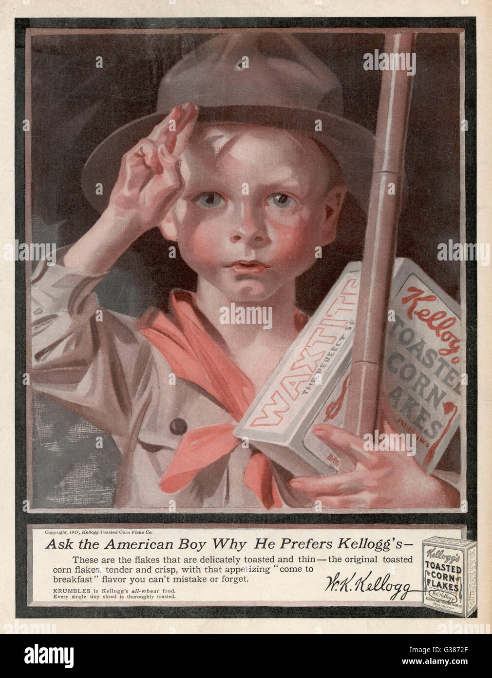 An advertisement for Kellogg's cornflakes : An small American boy scout ...