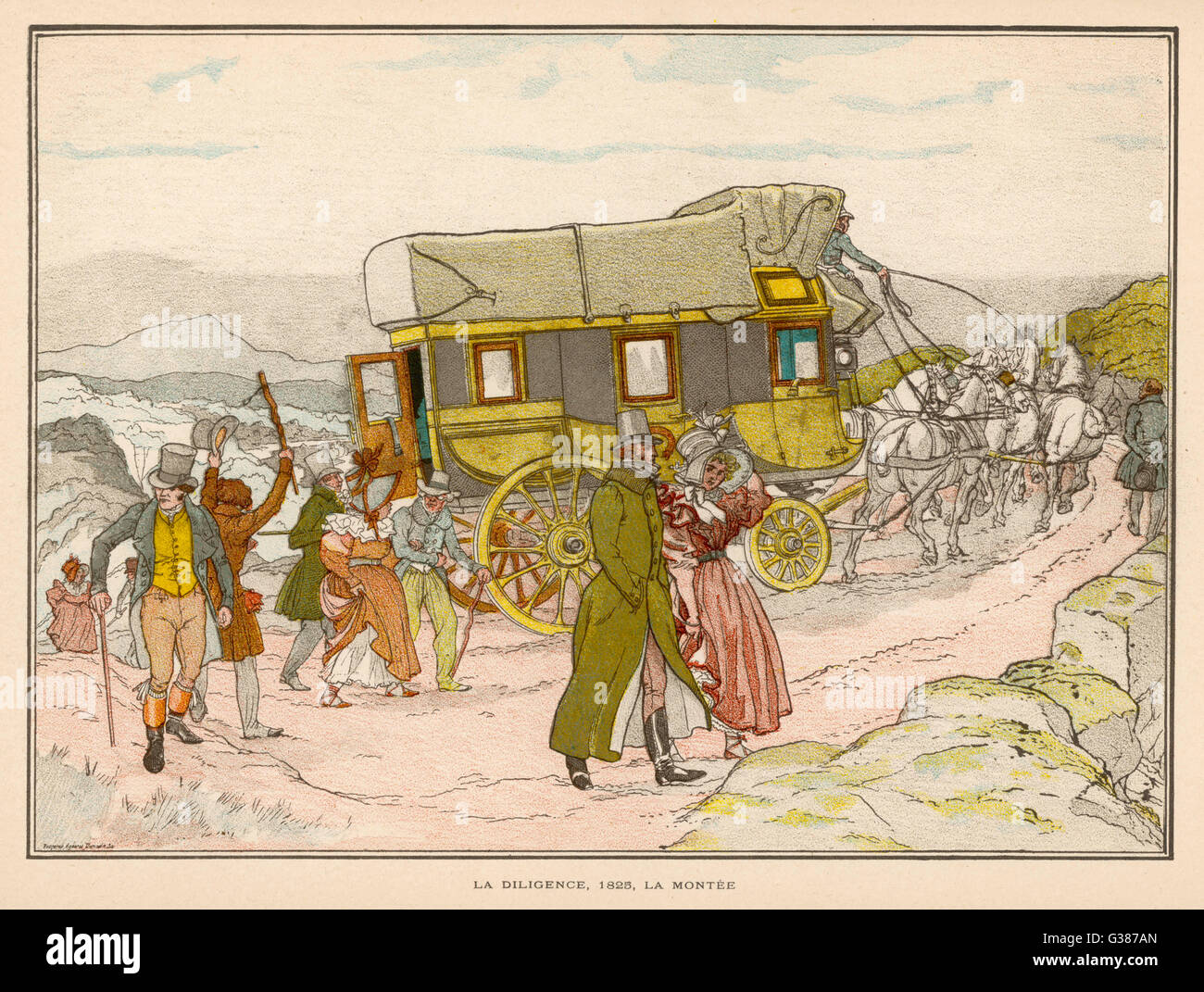 'LA DILIGENCE' Passengers of a French stage coach walk up a hill to ...