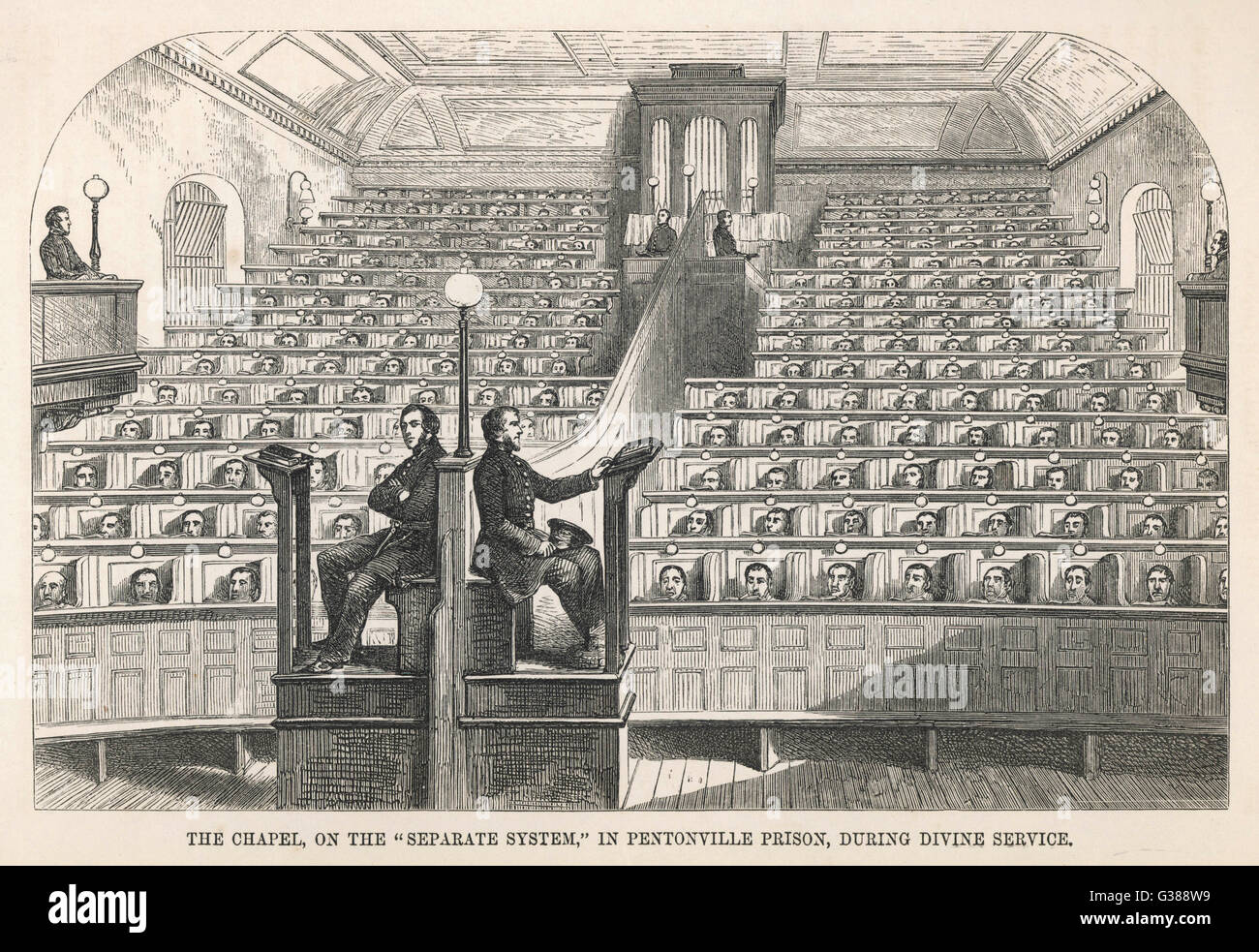 Pentonville chapel; prisoners seated in individual pews Date: 1862 ...