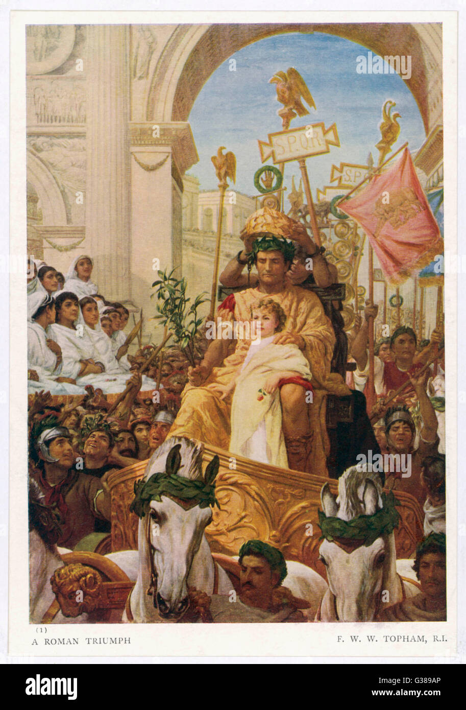A Roman emperor and his young son triumphantly parade through Rome in a ...