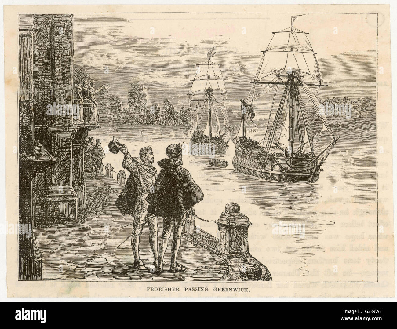 Martin Frobisher sails down the Thames, passing Greenwich Palace, on ...