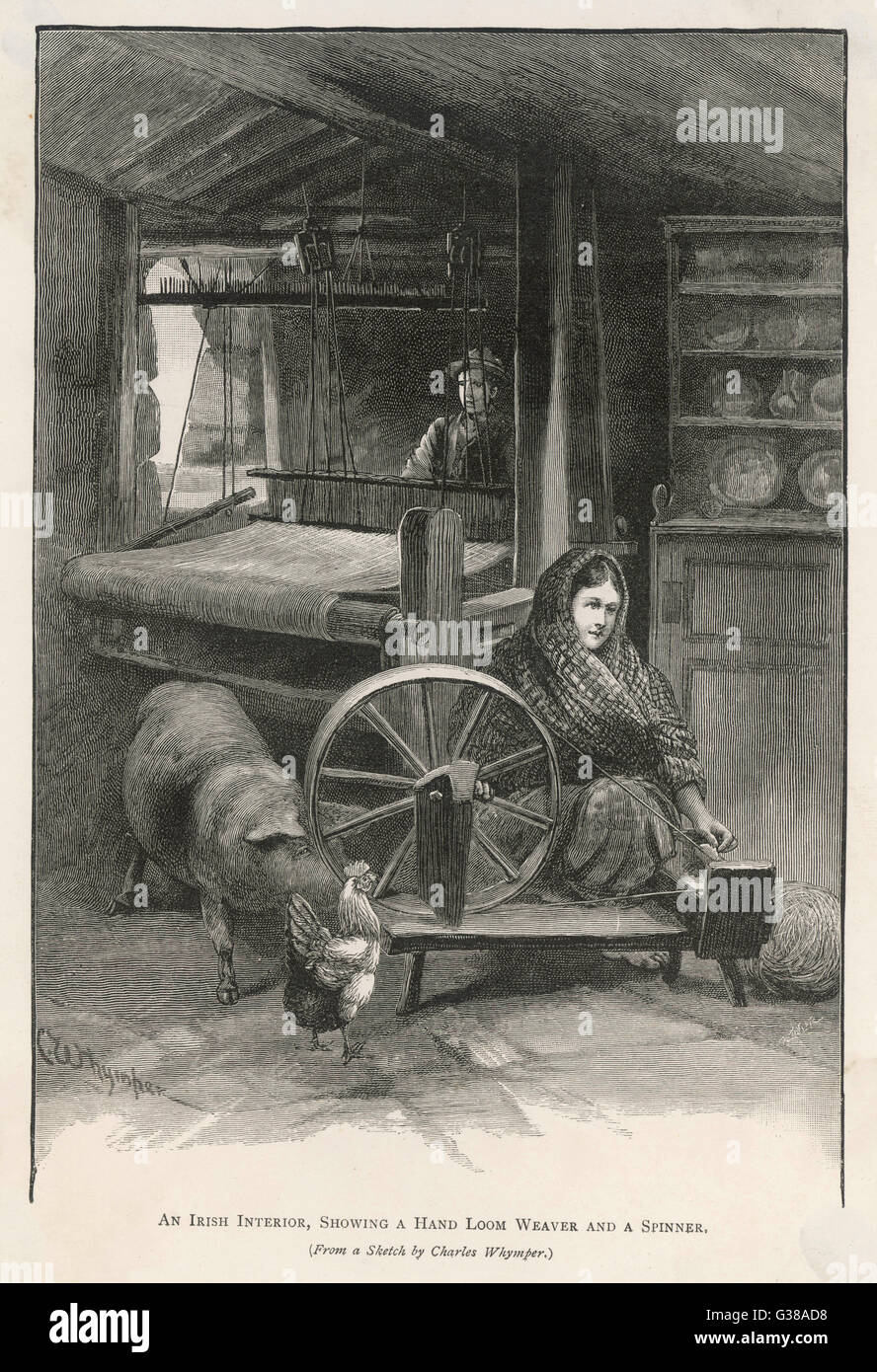 An Irish interior, showing a hand-loom weaver and a spinner, together ...