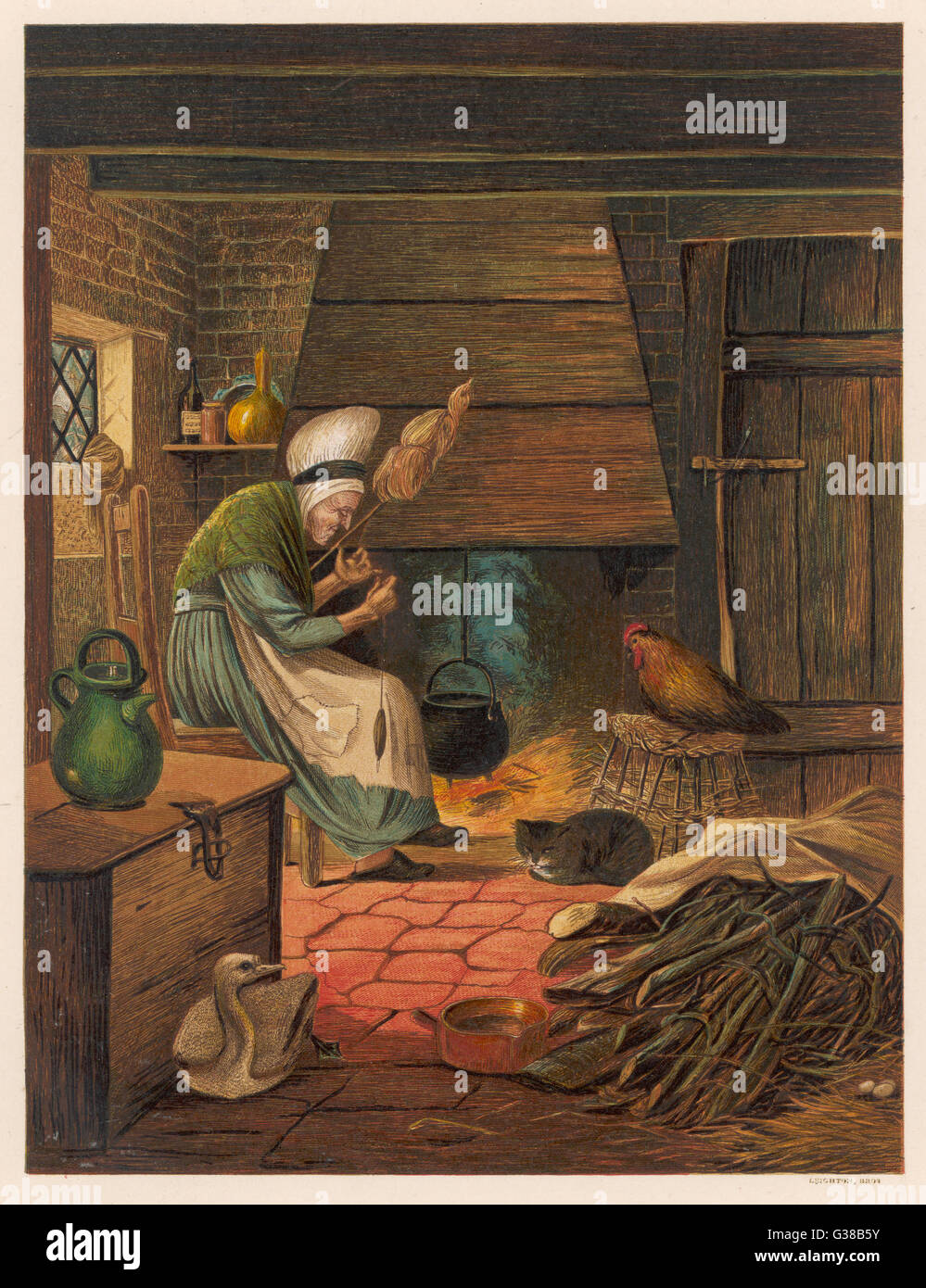 Old woman spinning in her cottage Stock Photo - Alamy